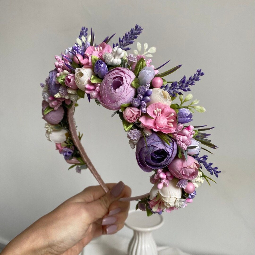 Bohemian Purple Crown, Floral Bridal Headpiece, Wide Pink Flower Crown ...