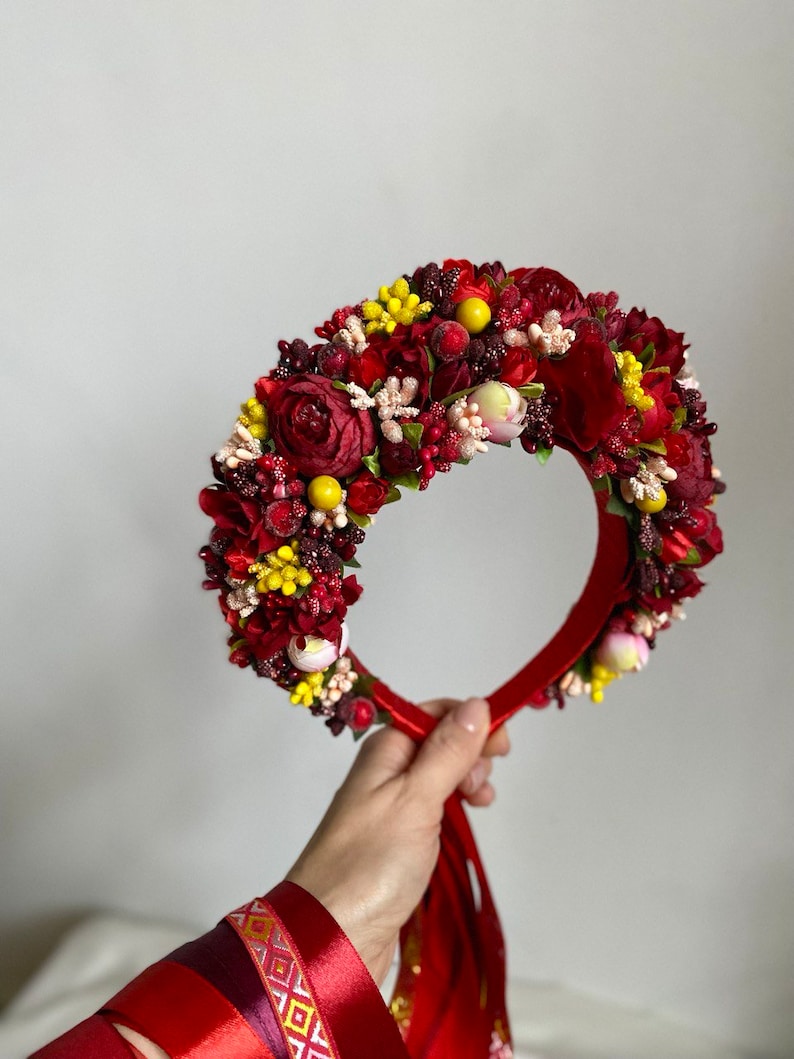 Red Ukrainian Flower Crown With Ribbons, Burgundy Bridal Headpiece ...