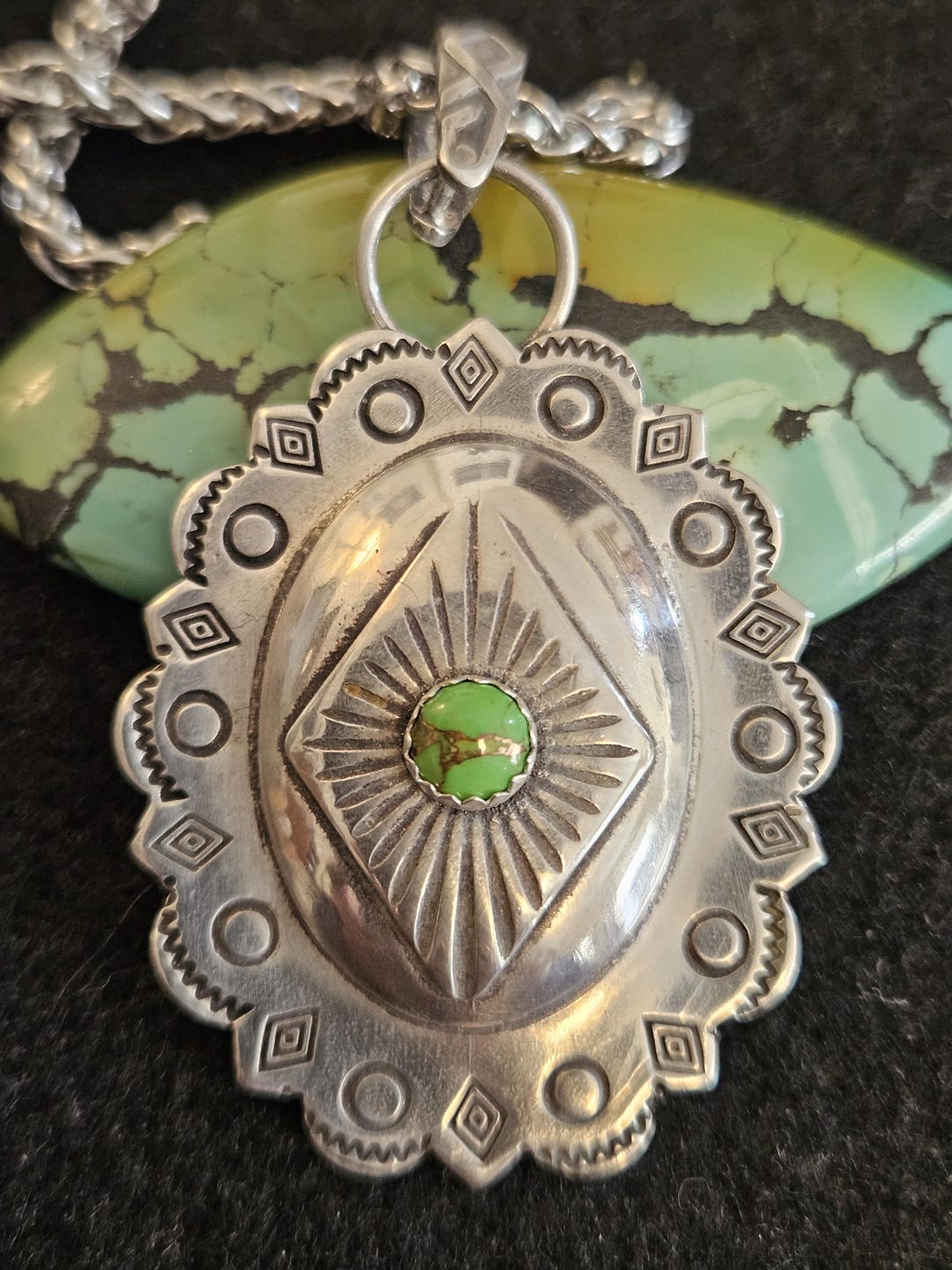 Hand-made Hand-stamped Oval Concho Pendant With Green Turquoise - Etsy