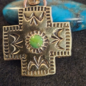 Hand-made Hand-stamped Brass Southwestern Cross With 5MM Green Copper ...