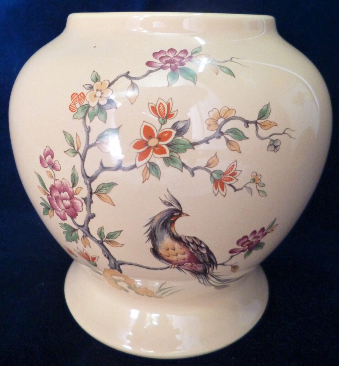 Vintage Prinknash Pottery Vase With Oriental Style Bird of Paradise and ...