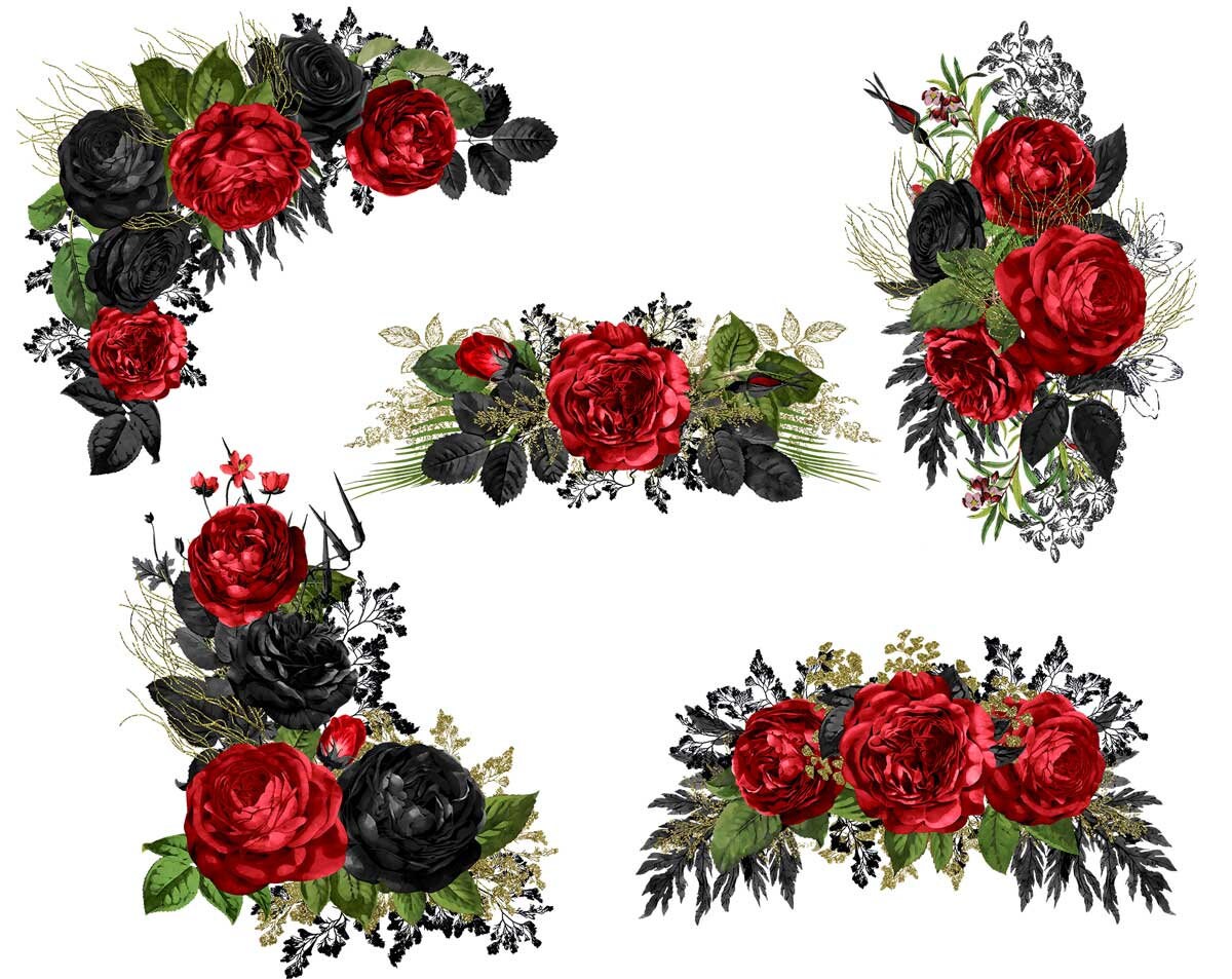 16 PNG, Dark Red and Black Floral Clipart Bouquet Set, Dark Red Roses ...