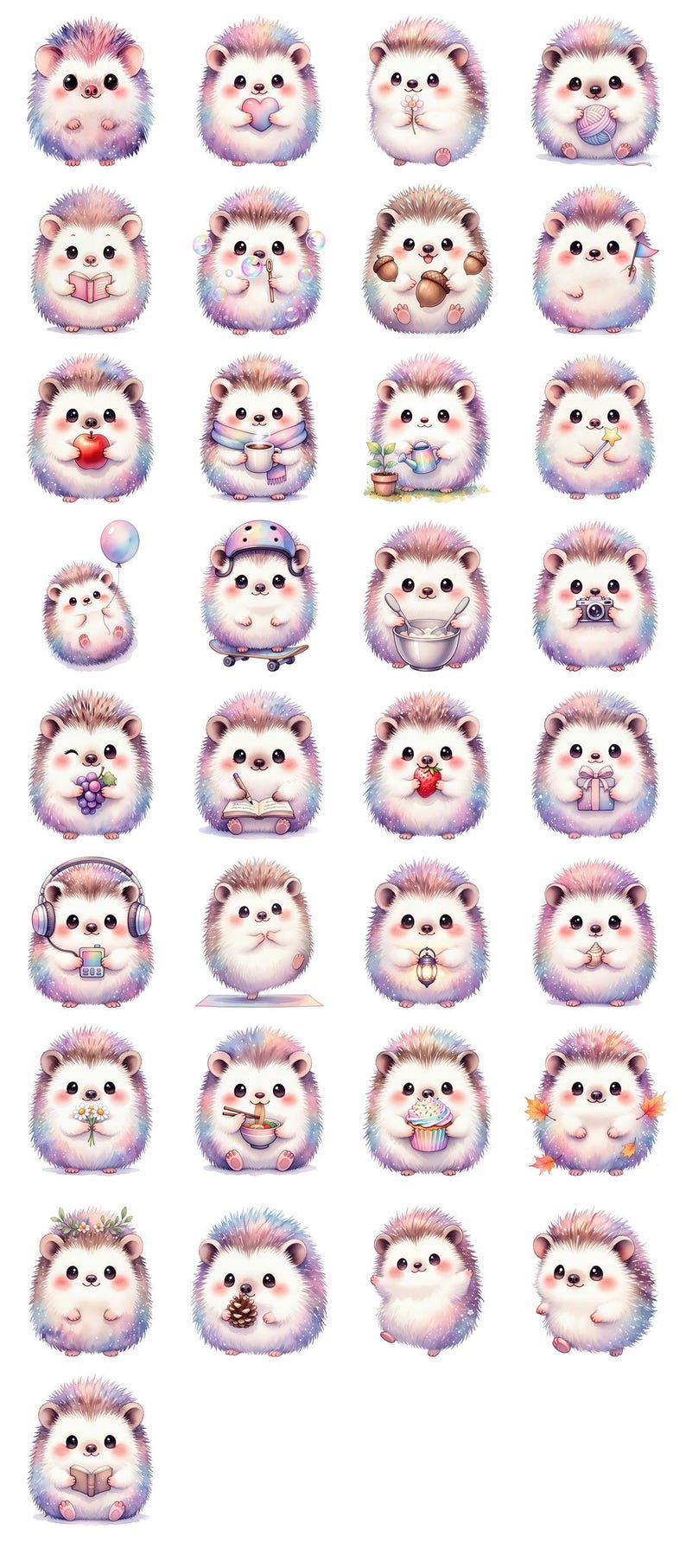 Cute Hedgehog Clipart Bundle, Kawaii Pastel Watercolor Baby Hedgehogs ...