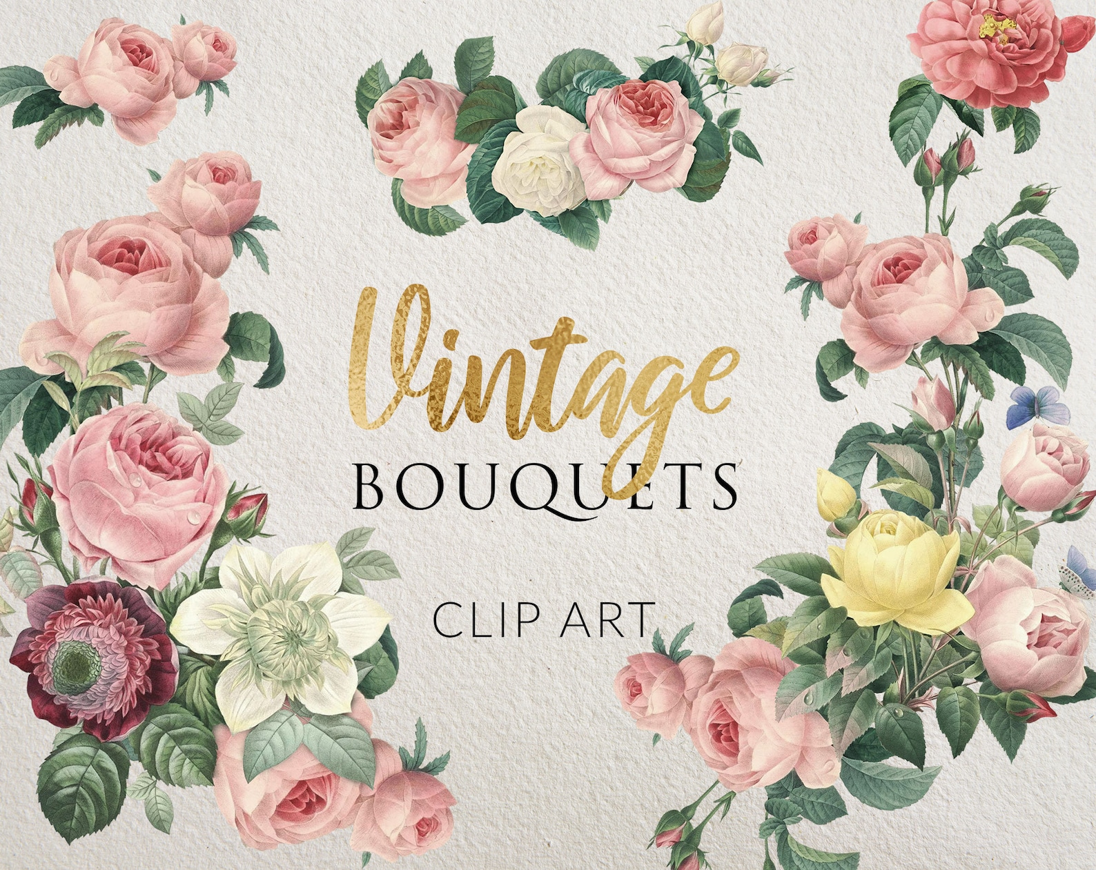 16 PNG Vintage Roses Bouquets Floral Clip Art Botanical - Etsy