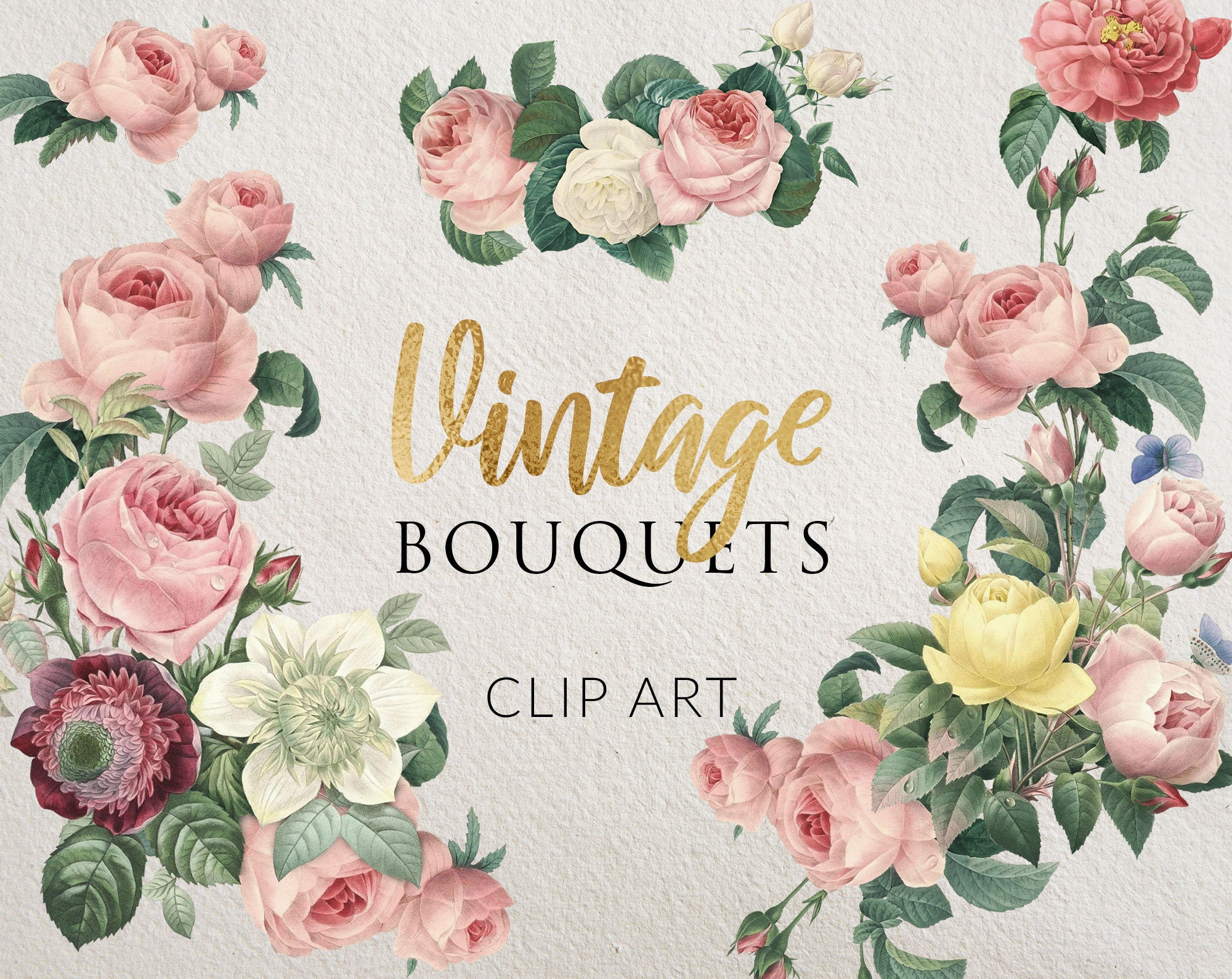 16 PNG Vintage Roses Bouquets, Floral Clip Art, Botanical Illustrations ...