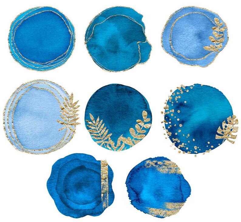 16 PNG Blue Watercolor Circles With Gold Foil Elements, Round Design ...