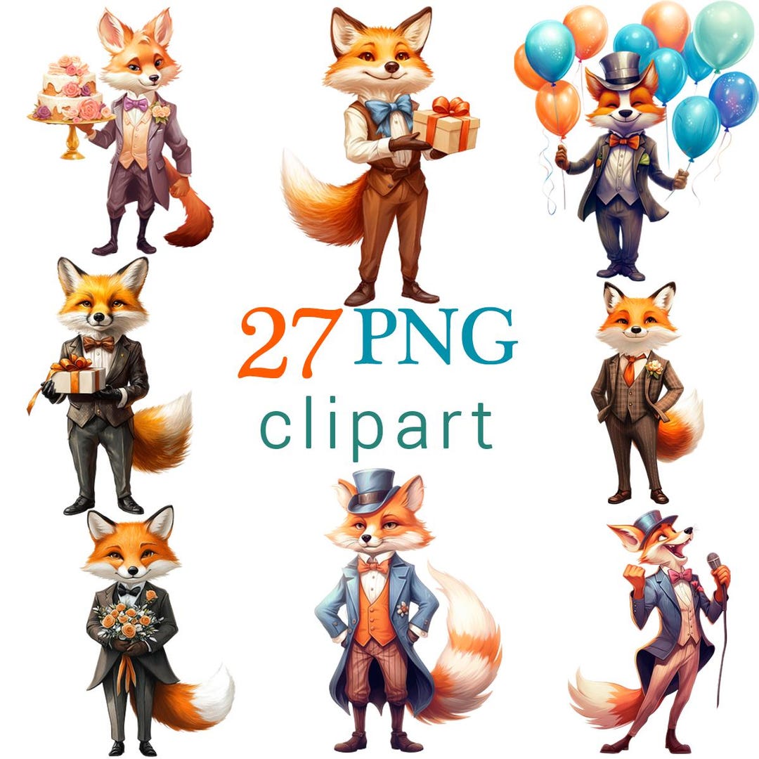 27 PNG Fox Character Clipart Bundle, Cute Dressed Fox, Cartoon Foxes ...