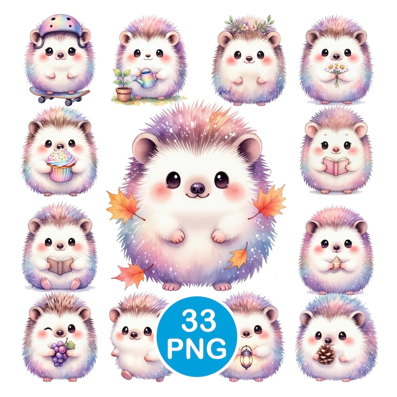Cute Hedgehog Clipart Bundle, Kawaii Pastel Watercolor Baby Hedgehogs ...