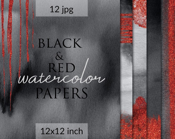 Watercolor Black and Red Digital Papers, Abstract Digital Backgrounds ...