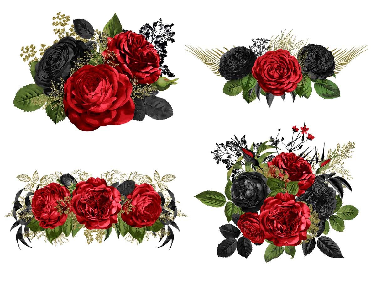 16 PNG, Dark Red and Black Floral Clipart Bouquet Set, Dark Red Roses ...