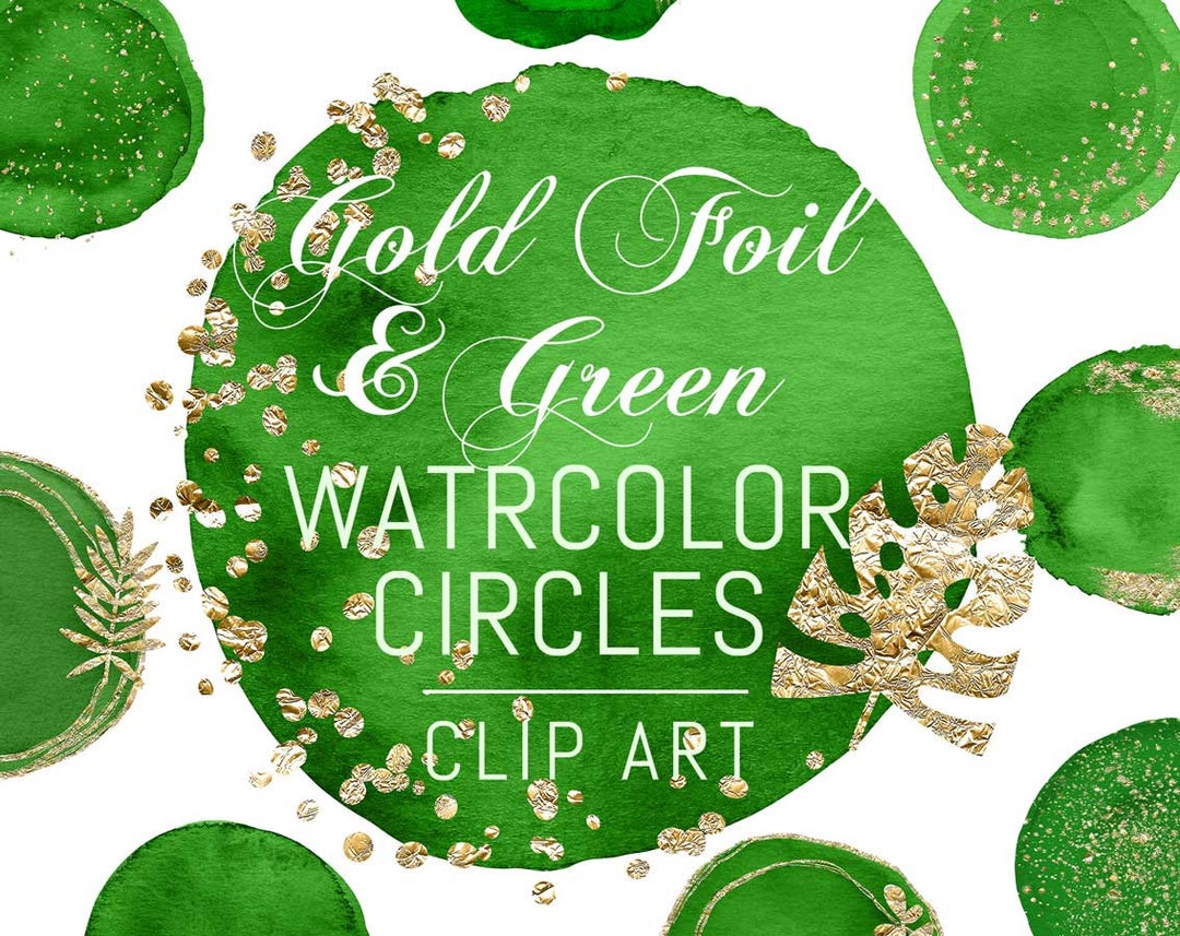 16 PNG Green Watercolor Circles With Gold Foil Elements, Round Design ...