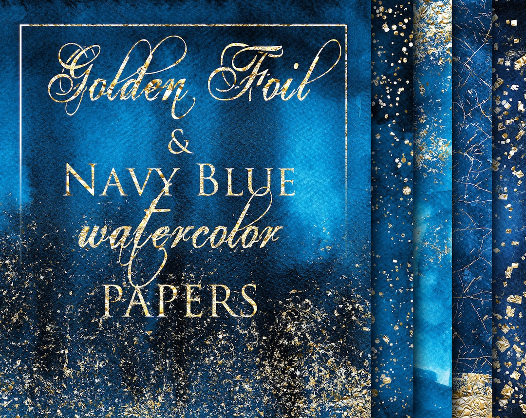 12 Navy Blue Watercolor Digital Papers With Golden Foil Finish, Instant ...