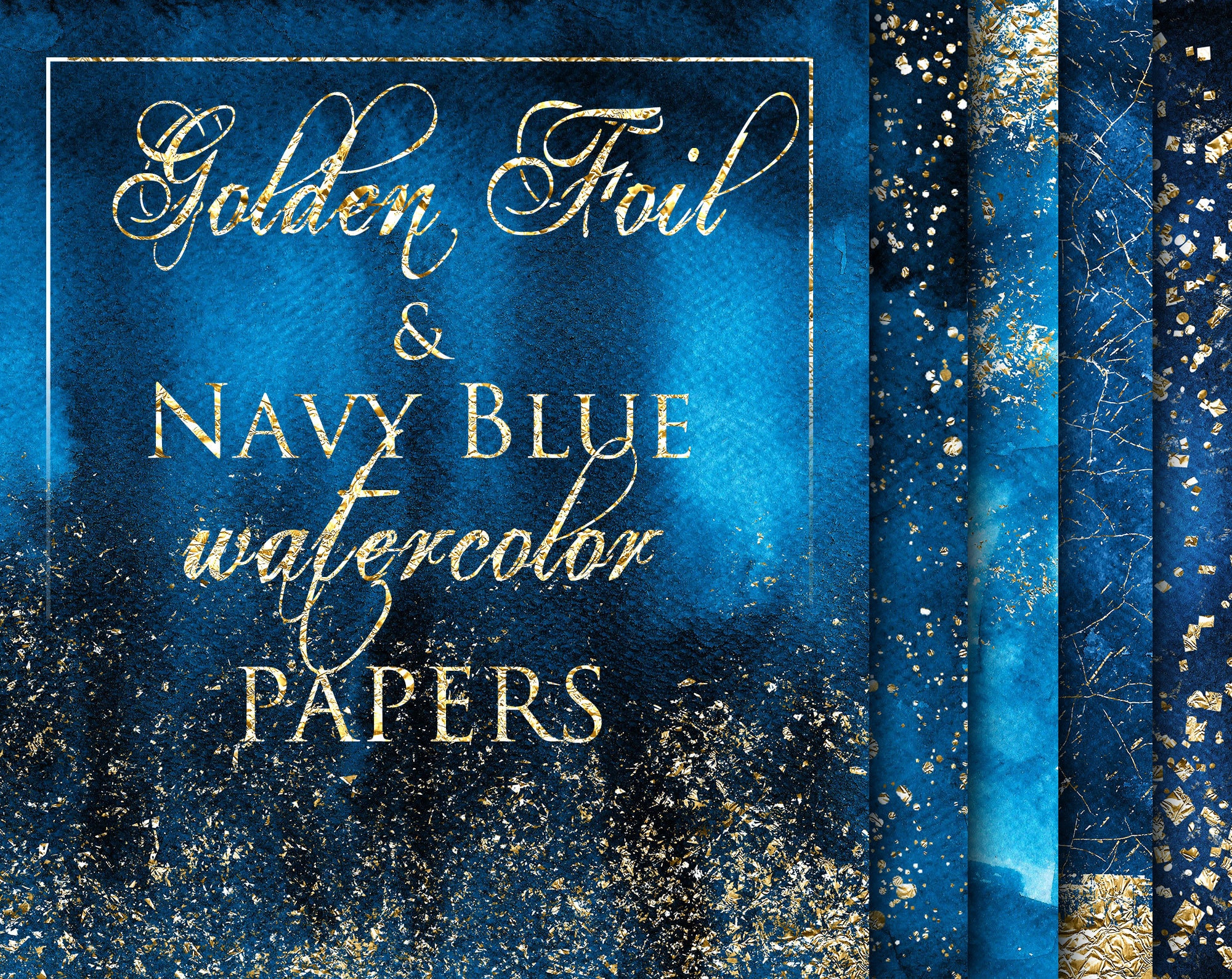 12 Navy Blue Watercolor Digital Papers With Golden Foil Finish, Instant ...