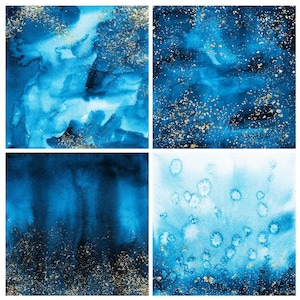 12 Navy Blue Watercolor Digital Papers With Golden Foil Finish, Instant ...
