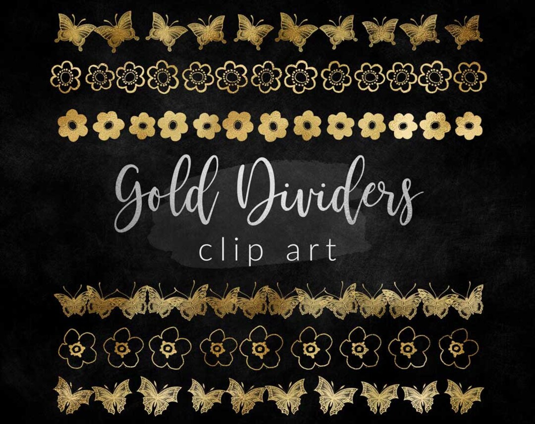 16 PNG Gold Text Dividers, Butterflies and Flowers, Digital Pack ...