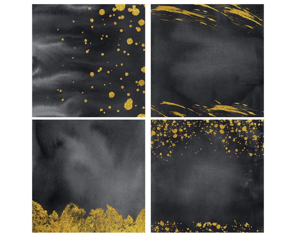 12 Digital Black&gold Watercolor Backgrounds, Instant Download, Digital ...