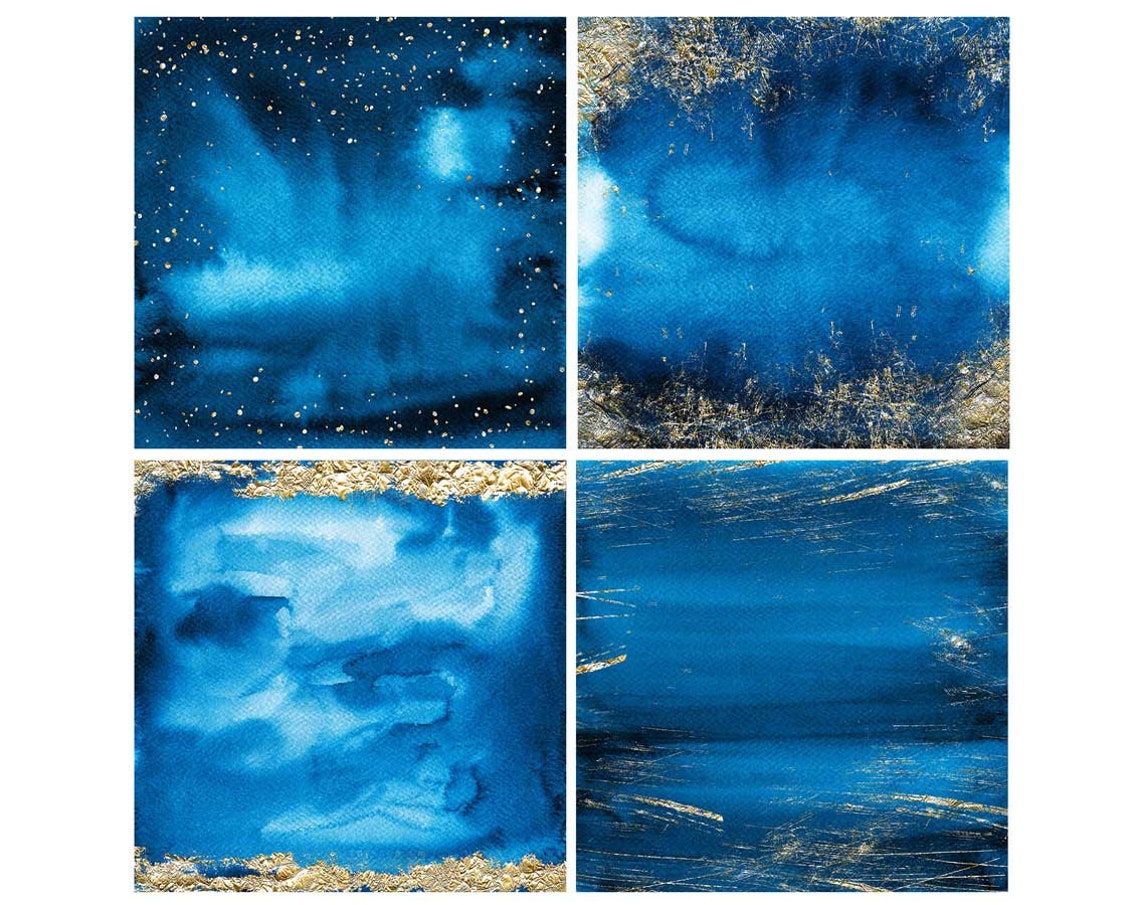 12 Navy Blue Watercolor Digital Papers With Golden Foil Finish, Instant ...