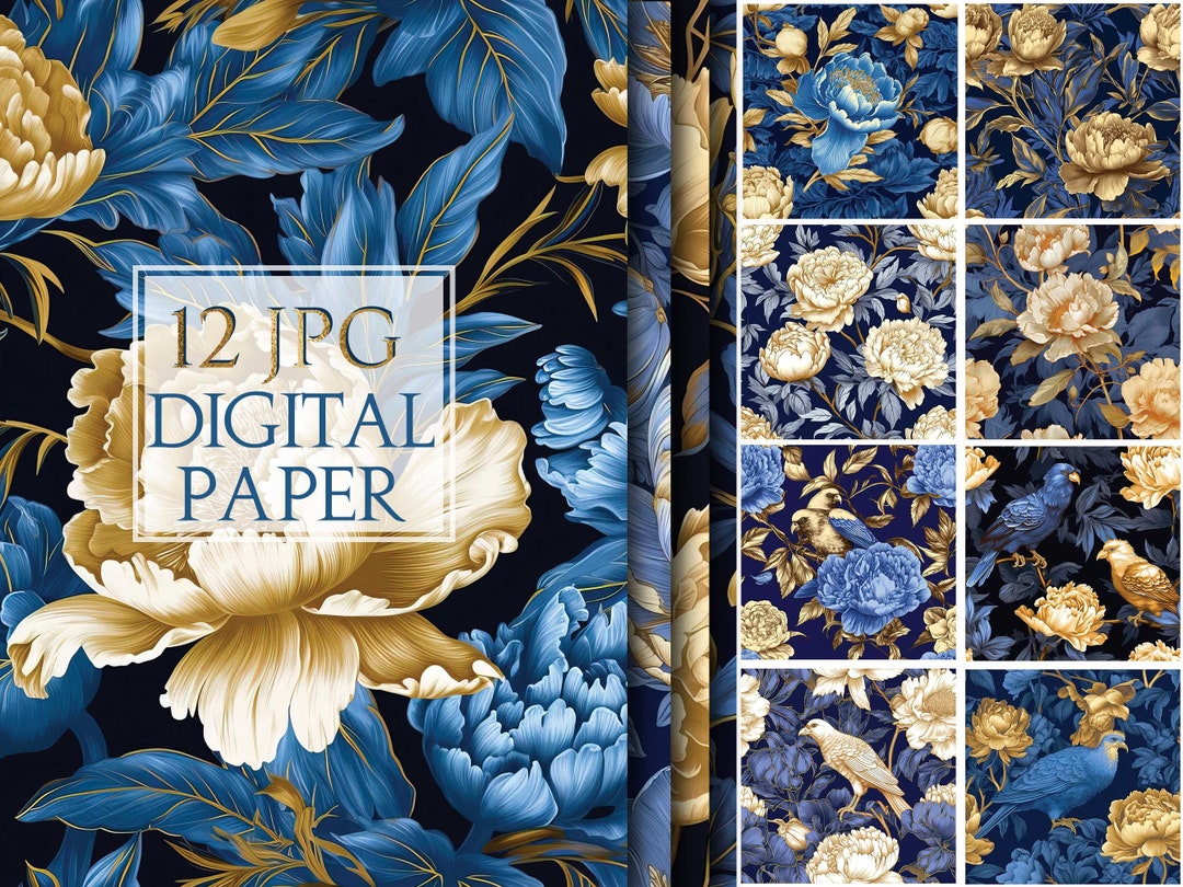 Blue Peonies Digital Paper, Seamless Patterns, Blue and Beige Peonies ...