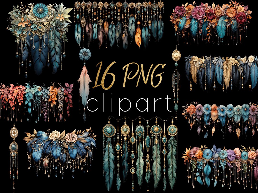 Boho Feather Borders Clipart: PNG Floral Design Elements (digital ...