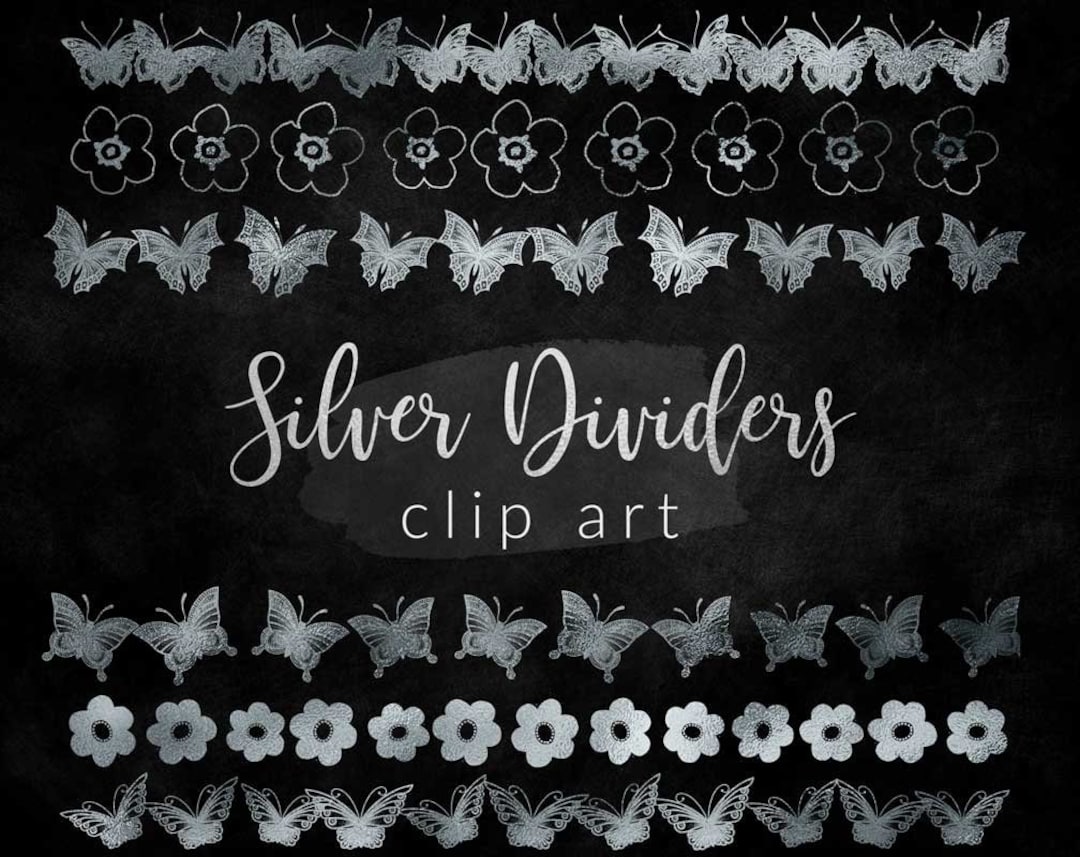 16 PNG Silver Text Dividers, Butterflies and Flowers, Digital Pack ...