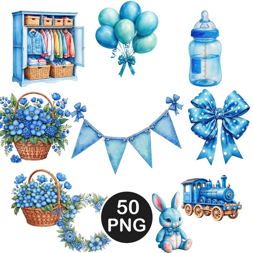Blue Baby Shower, Boy Nursery Watercolor Clip Art, Baby Boy Shower ...