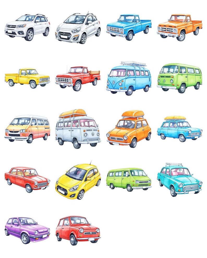 Watercolor Vehicles Clipart, Cute Cars Trucks Bus, Kids Transportation ...