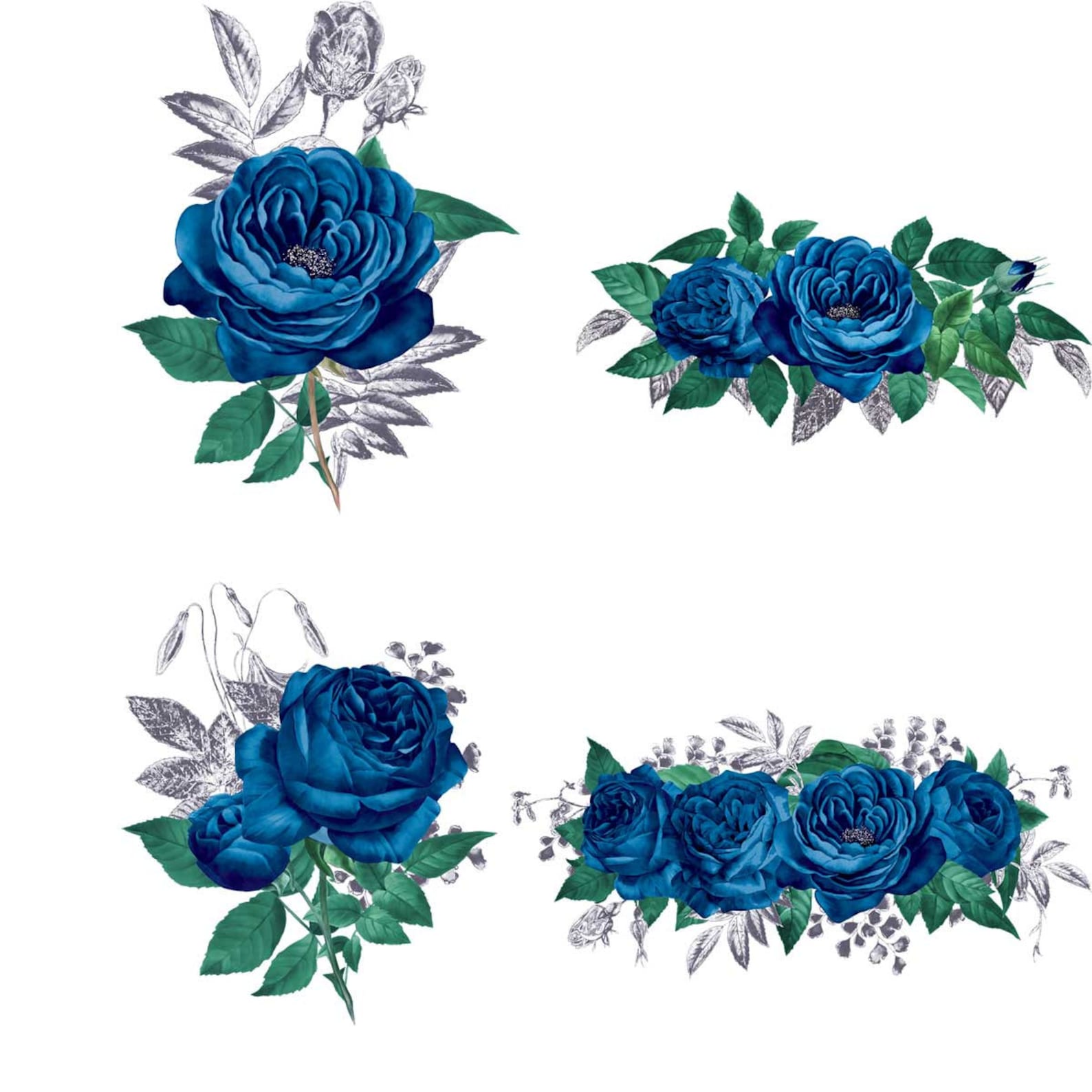 16 PNG, Navy Blue Roses Bouquets With Silver Leaves, Blue and Silver ...
