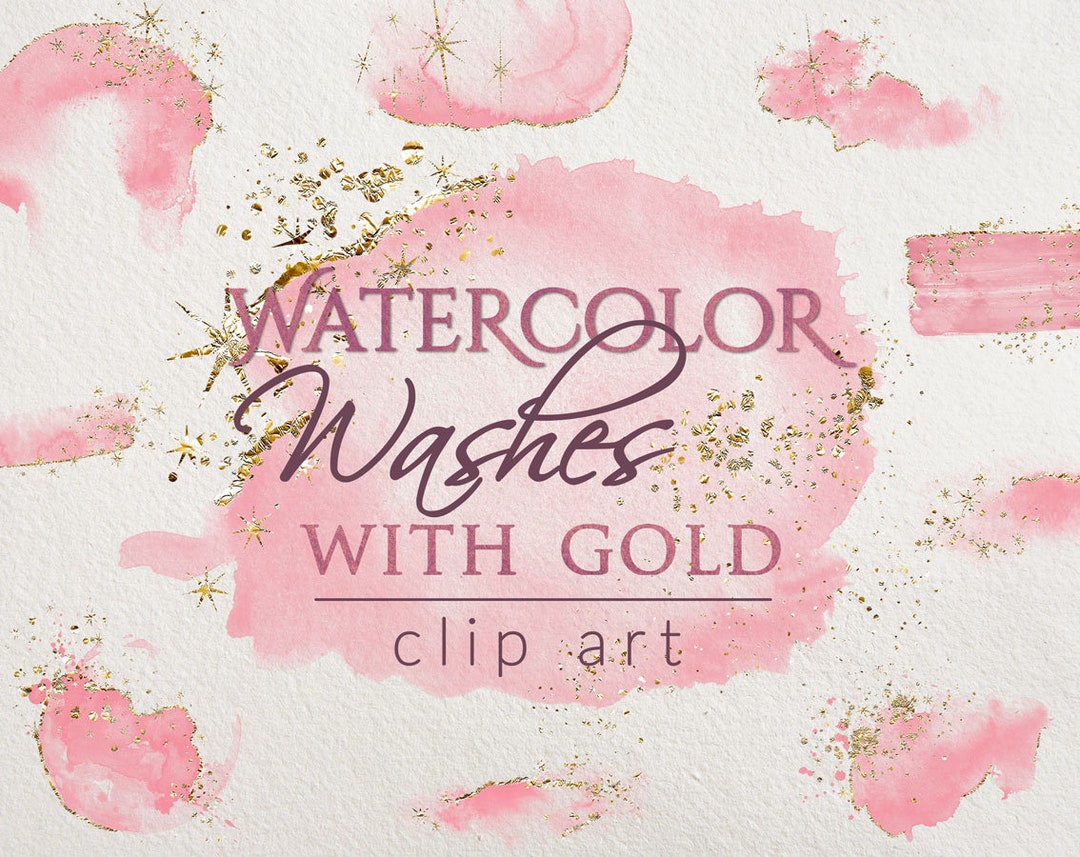 16 PNG Digital Pink Watercolor Washes and Brush Strokes With Gold Foil ...