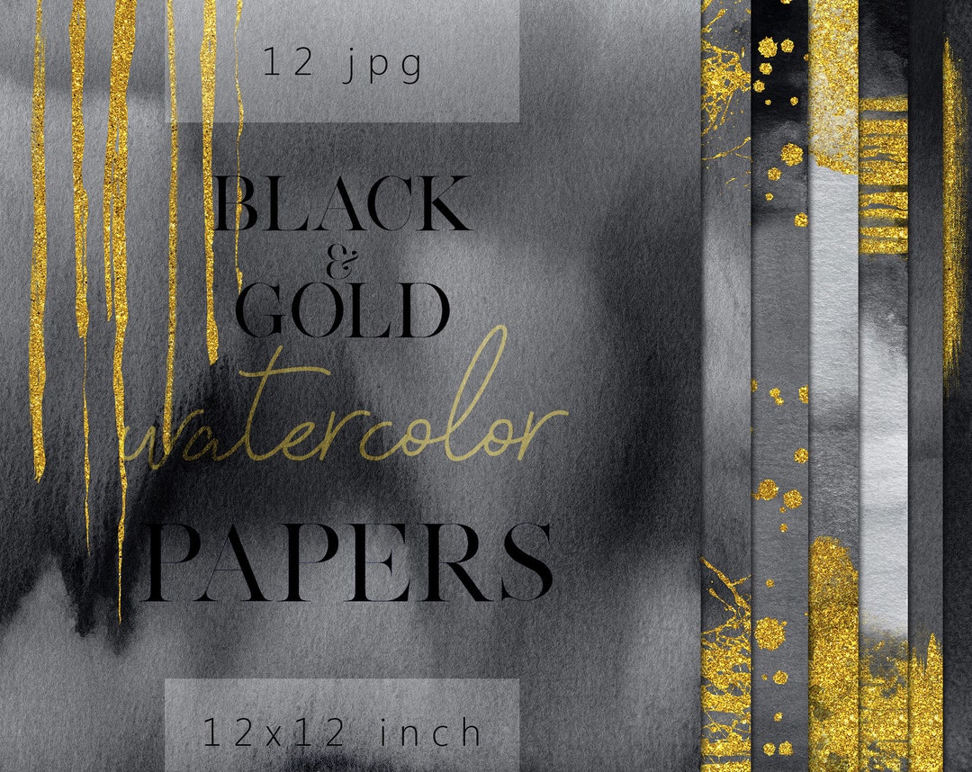 12 Digital Black&gold Watercolor Backgrounds, Instant Download, Digital ...