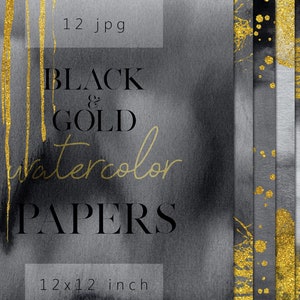 12 Digital Black&gold Watercolor Backgrounds, Instant Download, Digital ...