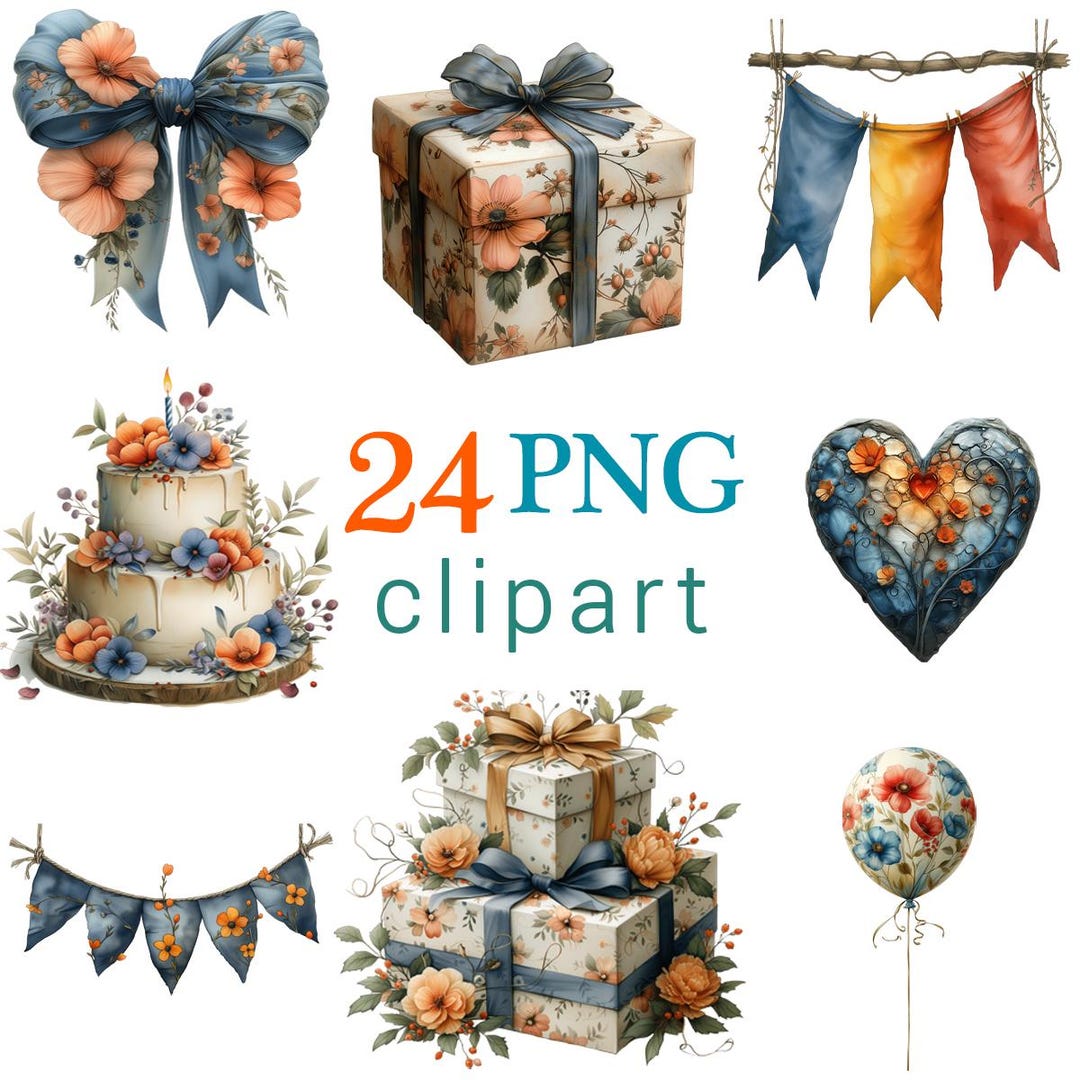24 PNG Birthday Party Clipart Set, Balloons, Cakes, Gifts & Banners ...