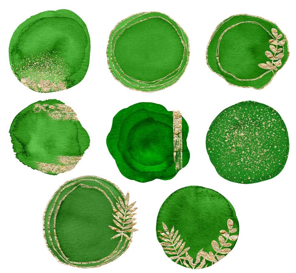 16 PNG Green Watercolor Circles With Gold Foil Elements, Round Design ...