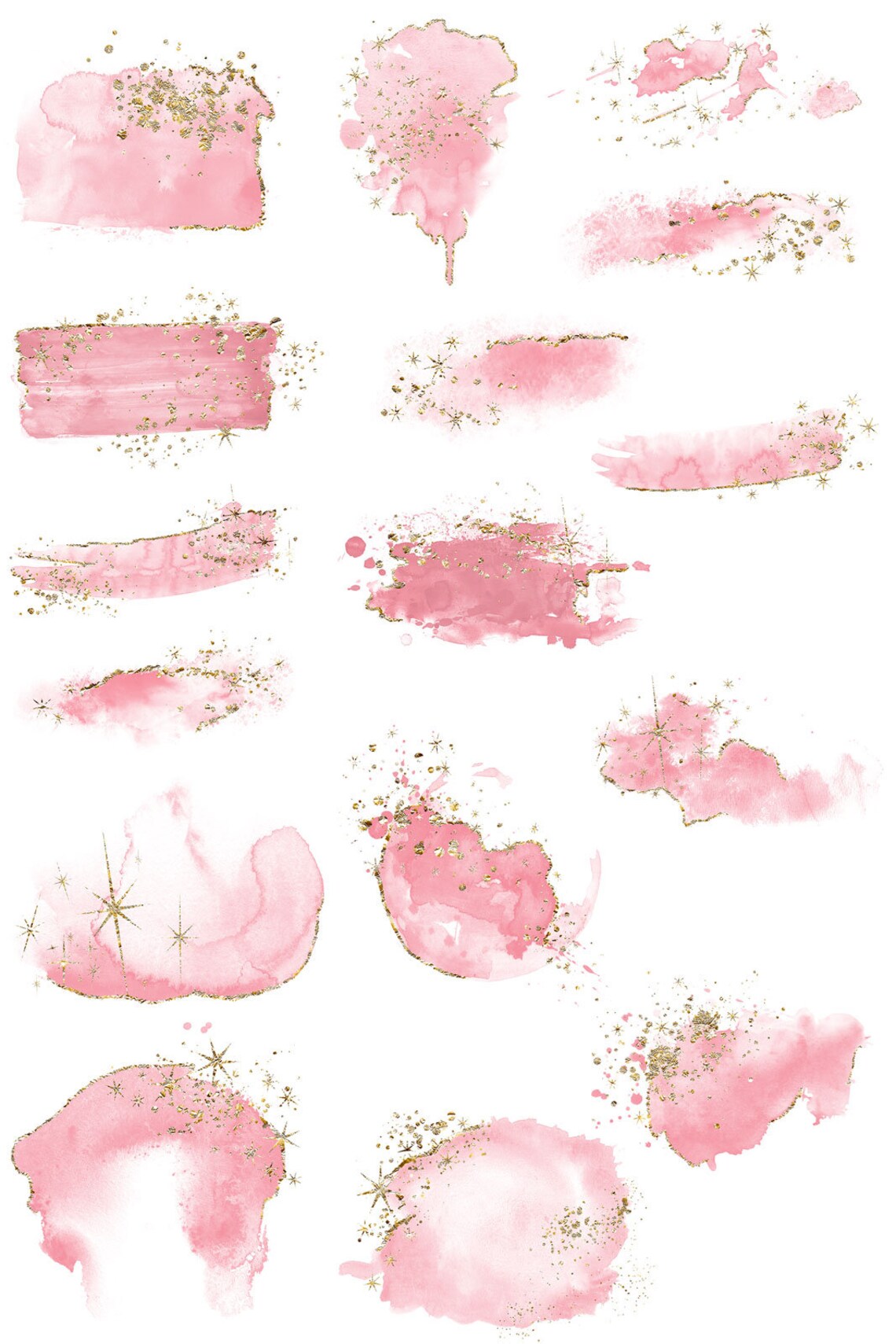 16 PNG Digital Pink Watercolor Washes and Brush Strokes With Gold Foil ...