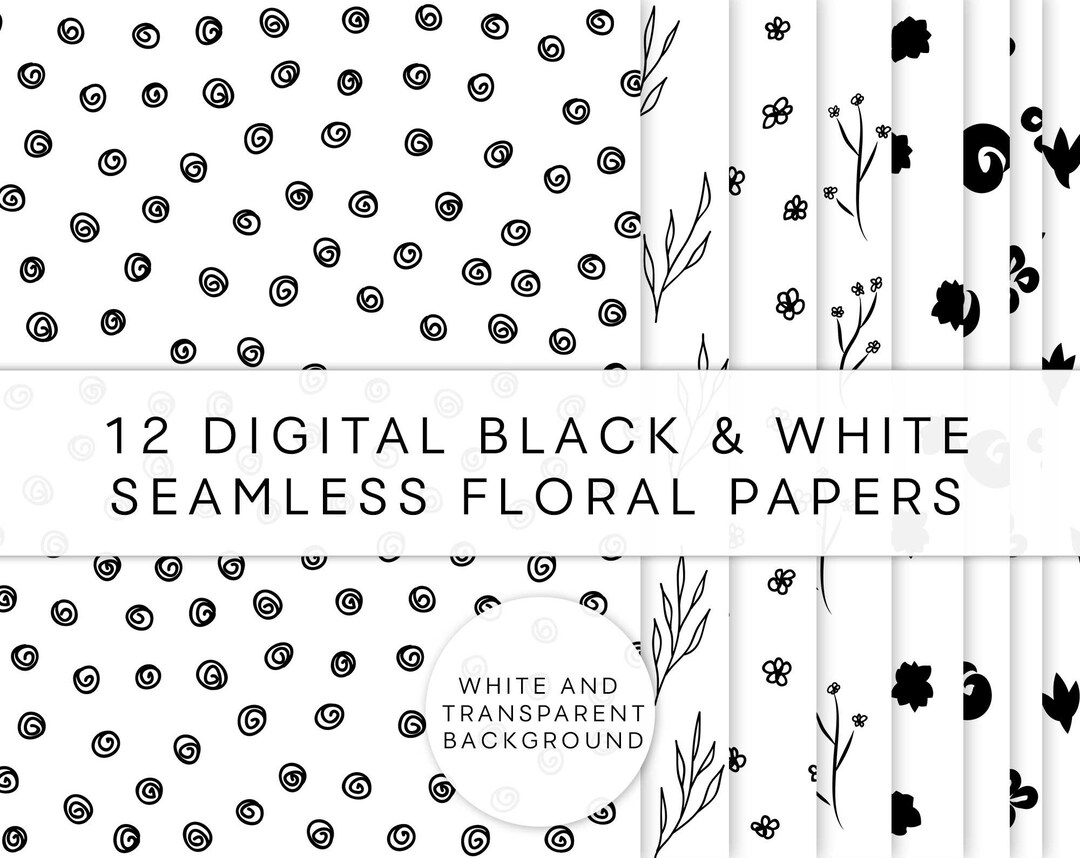 12 Digital Papers, Seamless Black & White Floral Textures, Digital ...
