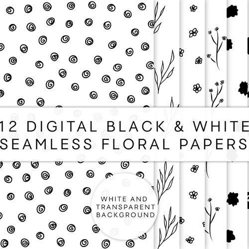 Black and White Digital Paper Floral Background Instant - Etsy
