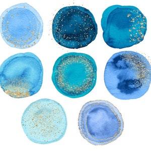 16 PNG Blue Watercolor Circles With Gold Foil Elements, Round Design ...
