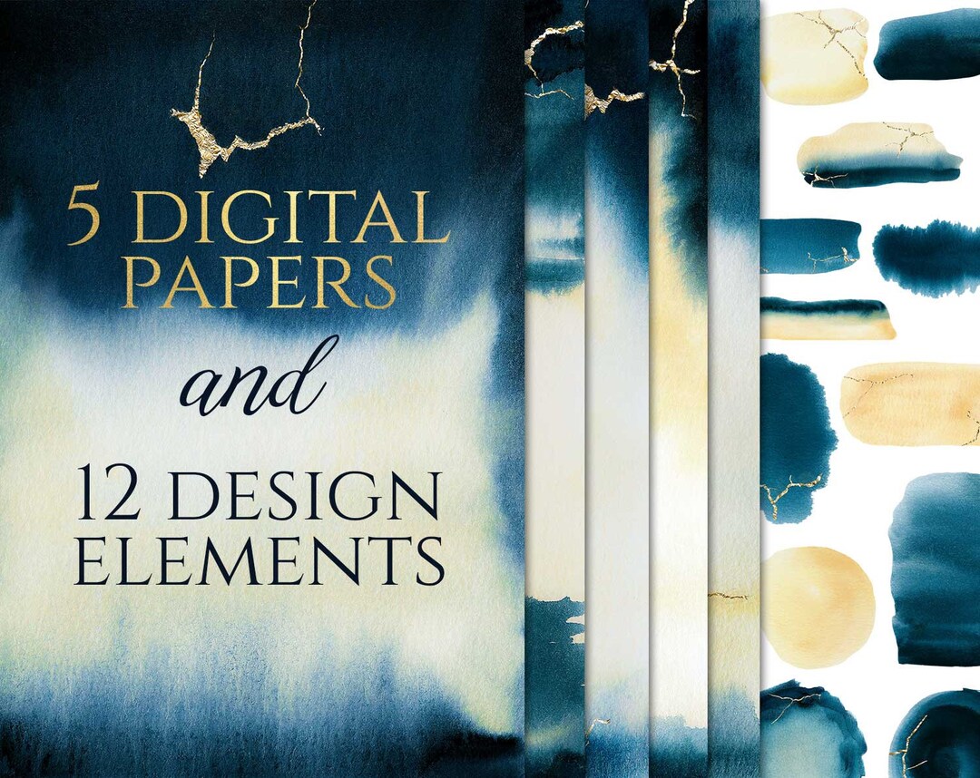 5 Digital Navy-blue and Yellow Watercolor Backgrounds and 12 Design ...