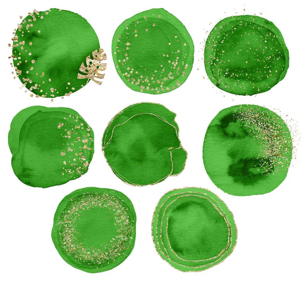16 PNG Green Watercolor Circles With Gold Foil Elements, Round Design ...