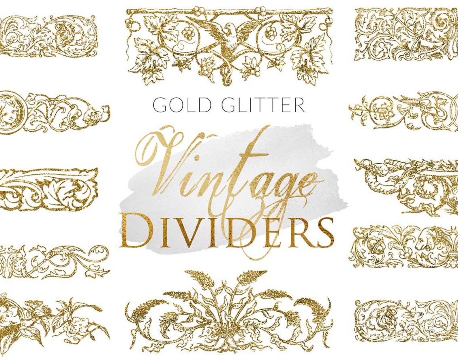 16 PNG Gold Glitter Vintage Dividers Paquete digital - Etsy España