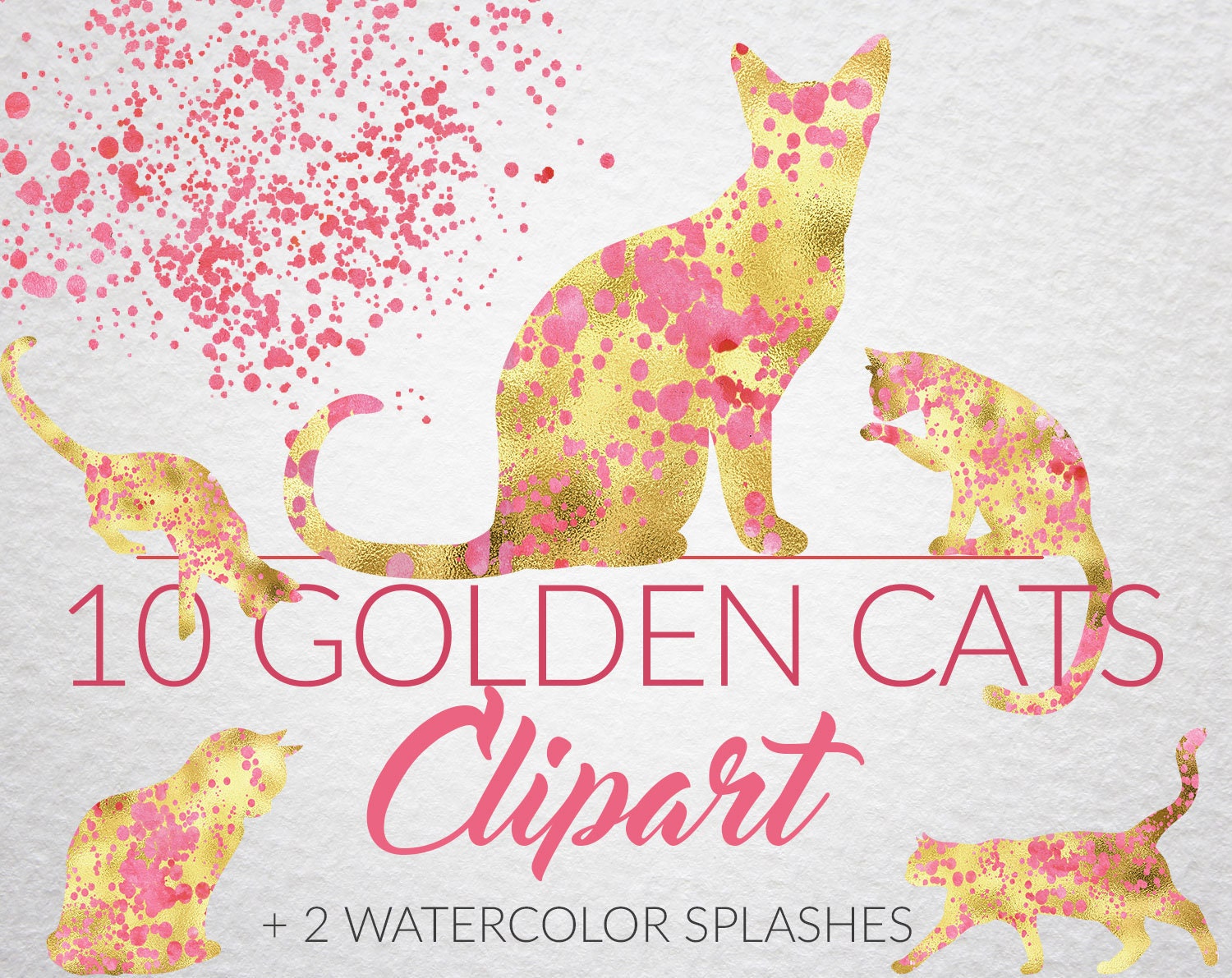 10 Digital Golden Cats Clipart, Gold and Pink Watercolor, Cat Logo ...