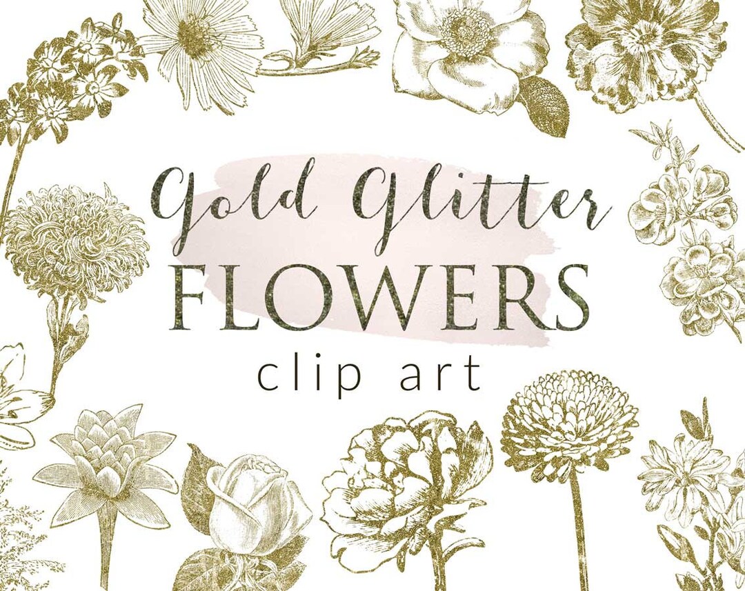 20 PNG Gold Glitter Flowers, Clip Art, Design Elements, Instant ...