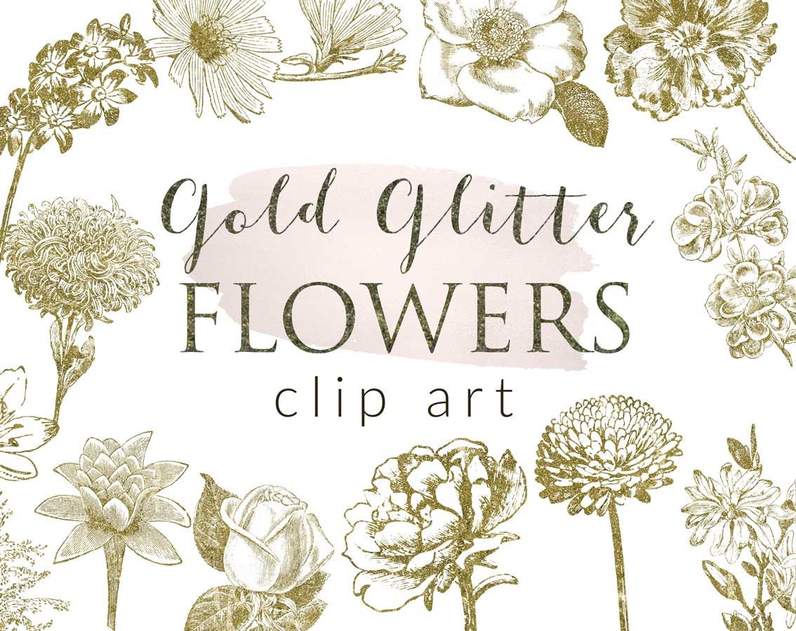 20 PNG Gold Glitter Flowers Clip Art Design Elements | Etsy