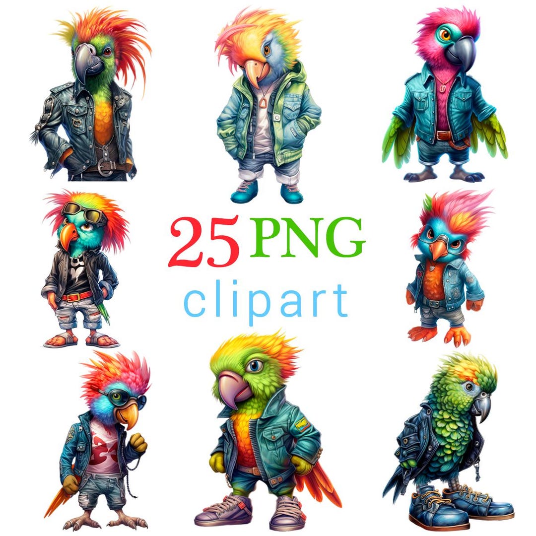 Punk Parrot Clipart: Rocker Birds in Denim (PNG Digital Download ...