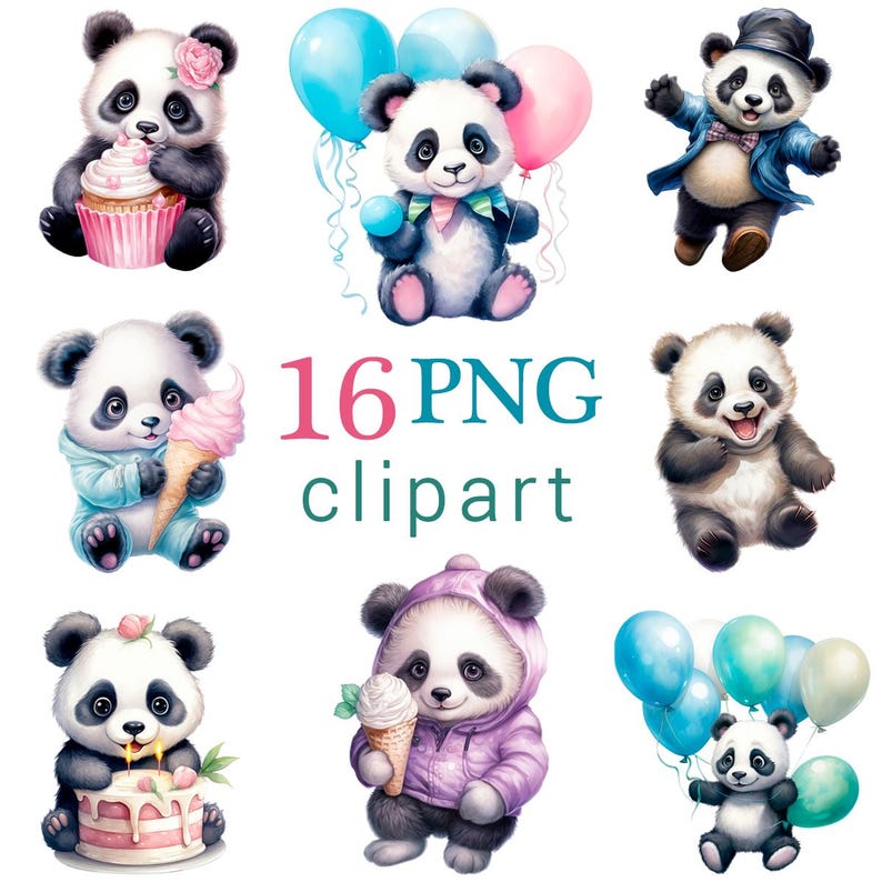 16 PNG Cute Baby Panda Clipart Set, Kids Birthday Panda Clipart ...