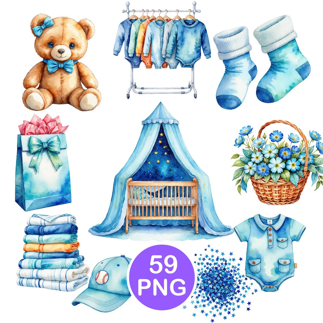 Blue Baby Shower Clipart, Baby Boy Nursery Watercolor, Teddy Bear, Toys ...