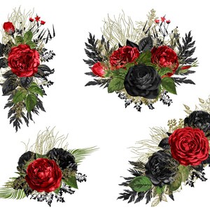 16 PNG, Dark Red and Black Floral Clipart Bouquet Set, Dark Red Roses ...
