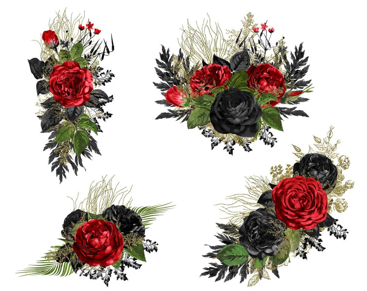 16 PNG, Dark Red and Black Floral Clipart Bouquet Set, Dark Red Roses ...