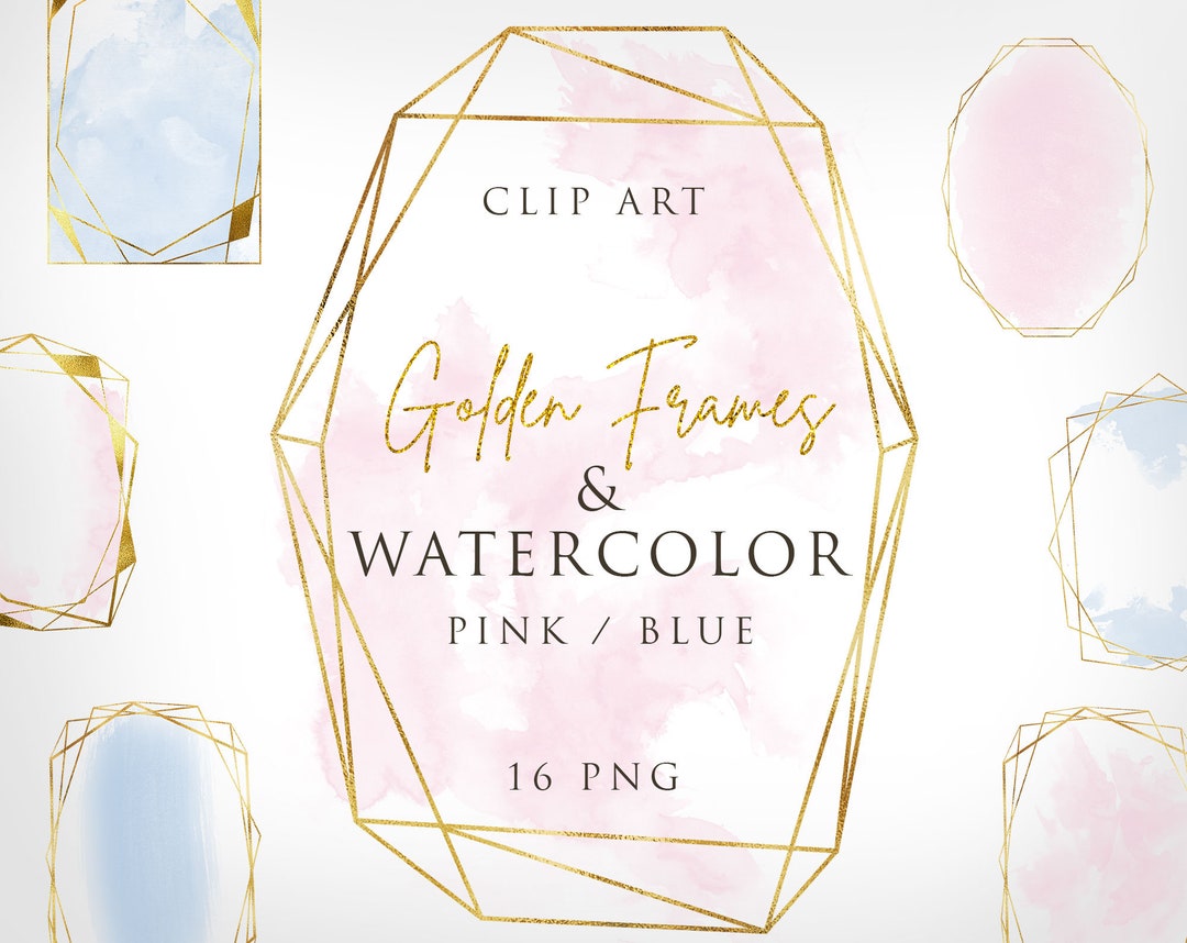 16 Golden Polygonal Frames With Pink and Blue Watercolor, Clip Art ...