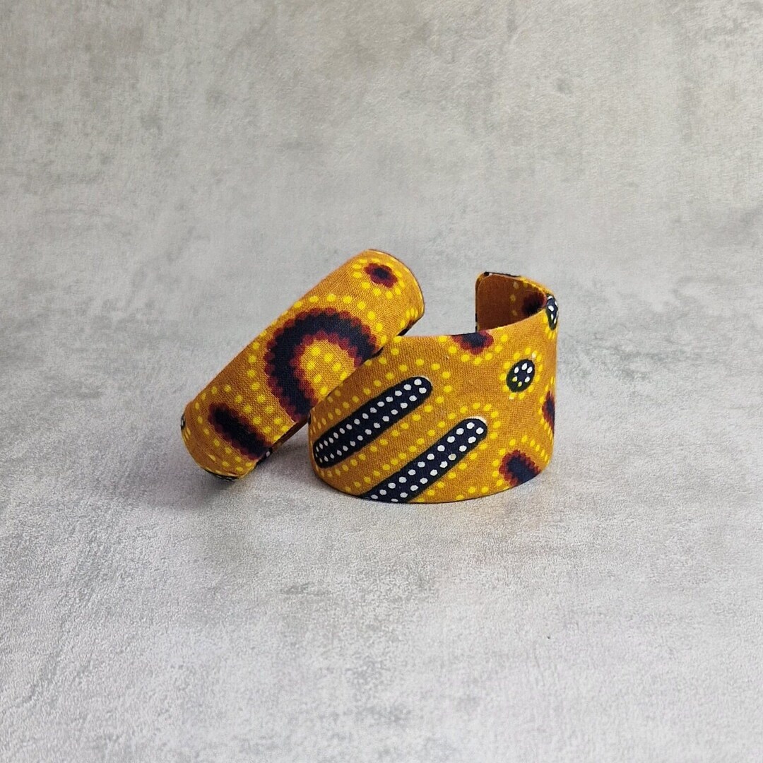 Earthy Aboriginal Art Bracelet Set, Mustard Red & Yellow Wide Hero Cuff ...