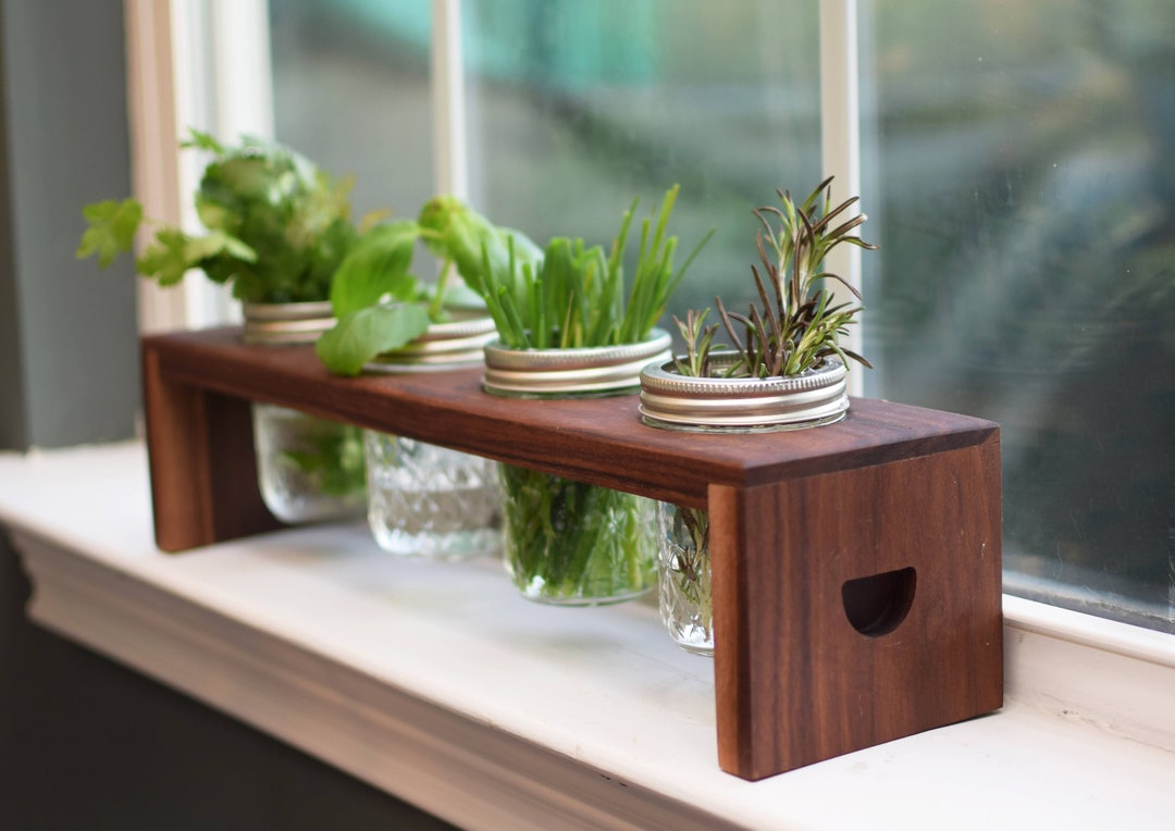Walnut Herb Garden Planter With Mason Jars – Indoor Plant Stand ...